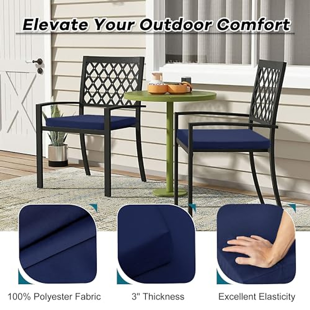 Basic Beyond Outdoor Chair Cushions for Patio Furniture, Waterproof Outdoor Cushions, Square Corner Patio Chair Cushions Set of 4 with Ties, 18.5"x16"x3", Navy