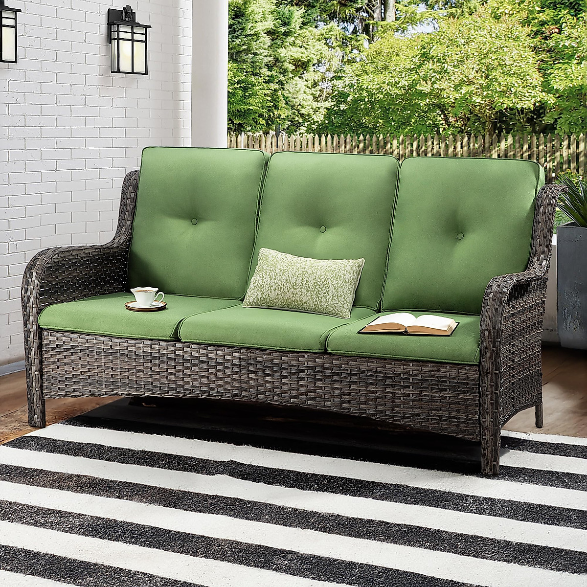 MeetLeisure Outdoor Patio Couch Wicker Sofa - 3 Seater Rattan Sofa for Outside Patio Garden with Deep Seating and Olefin Cushions(Mixed Grey/Green)