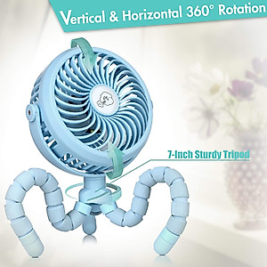 Stroller Fan, 2600mAh Battery Powered Personal Desk Air Circulator Fan with Flexible Tripod, Ultra Quiet 4 Speed 360° Rotatable USB Fan for Stroller Office Camping Hurricane Outage, Blue