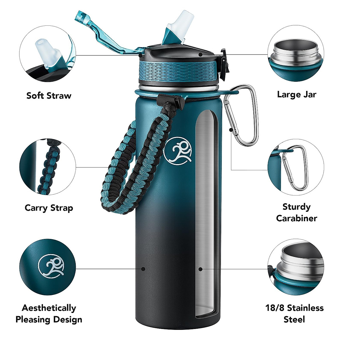 GOSWAG Insulated Sports Water Bottle, 24oz 2 Lids(with Straw/No Straw), Stainless Steel Water Bottles with Paracord Handle, Insulated Thermos with Double-Wall Vacuum Insulation