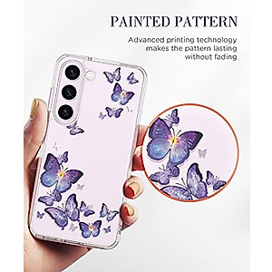 GVIEWIN Compatible with Samsung Galaxy S23 Plus Case with Screen Protector+Camera Lens Protector, Slim Shockproof Clear Floral Pattern Phone Protective Cover for Women 6.6" (Alluring Butterfly/Purple)