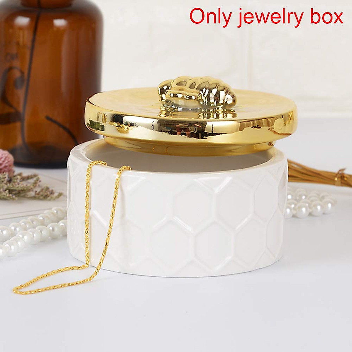 iayokocc Ceramics Jewelry Box with Golden Bee Lid - Small Jewelry Trinket Storage Tank Container,Gift for Girls Women,Round Jewellery Storage Organiser Case Bowl Trinket Pot(Size:S)