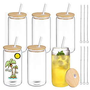 JMScape Clear Sublimation Glass Cups Blanks with Bamboo Lid and Straw 6pcs Set, 16oz Sublimation Glass Tumbler, Sublimation Beer Can Glass for Iced Coffee Soda Drinks