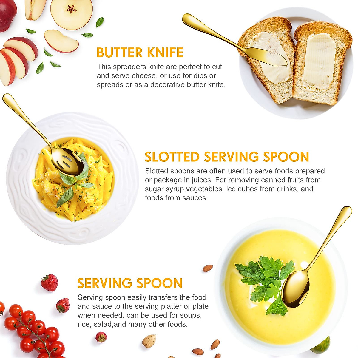 21 Pcs Christmas Gold Stainless Steel Serving Utensils Flatware Set, Serving Spoons Slotted Serving Spoons Gold Tongs Serving Forks for Kitchen Buffet Catering Banquet Party Supply, Dishwasher Safe