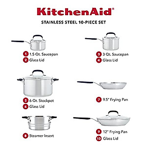 KitchenAid Stainless Steel Cookware / Pots and Pans Set, 10 Piece, Brushed Stainless Steel