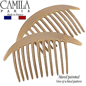 Camila Paris CP2941 French Hair Side Combs, Beige Pearl Interlocking Combs French Twist Hair Combs, Strong Hold Hair Clips for Women Bun Chignon Up-Do, Styling Girls Hair Accessories, Made in France