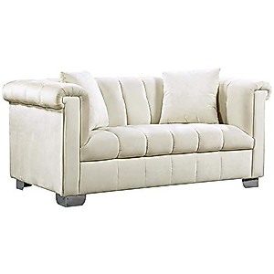 Meridian Furniture Kayla Collection Modern | Contemporary Velvet Upholstered Loveseat with Deep Channel Tufting and Custom Chrome Legs, Cream, 68" W x 37" D x 31" H