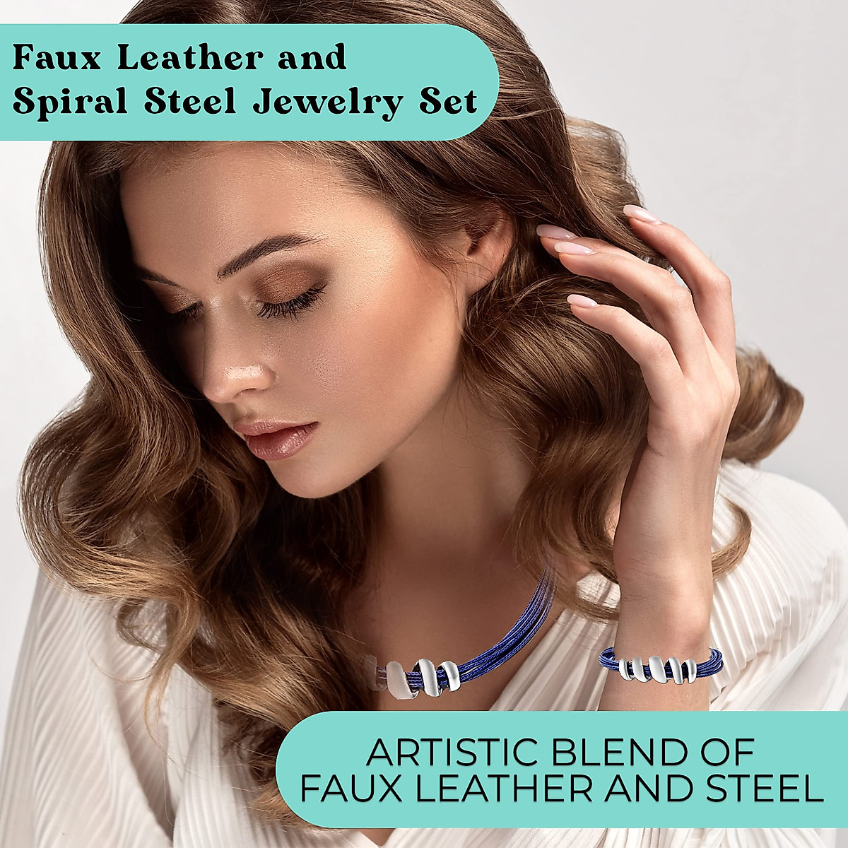 SHOP LC DELIVERING JOY Costume Jewelry Set Blue Faux Leather Choker Necklace for Women Cuff Bracelet Cord Spiral Stainless Steel Adjustable Lobster Claw Tribal 7" 16" Birthday Gifts for Women