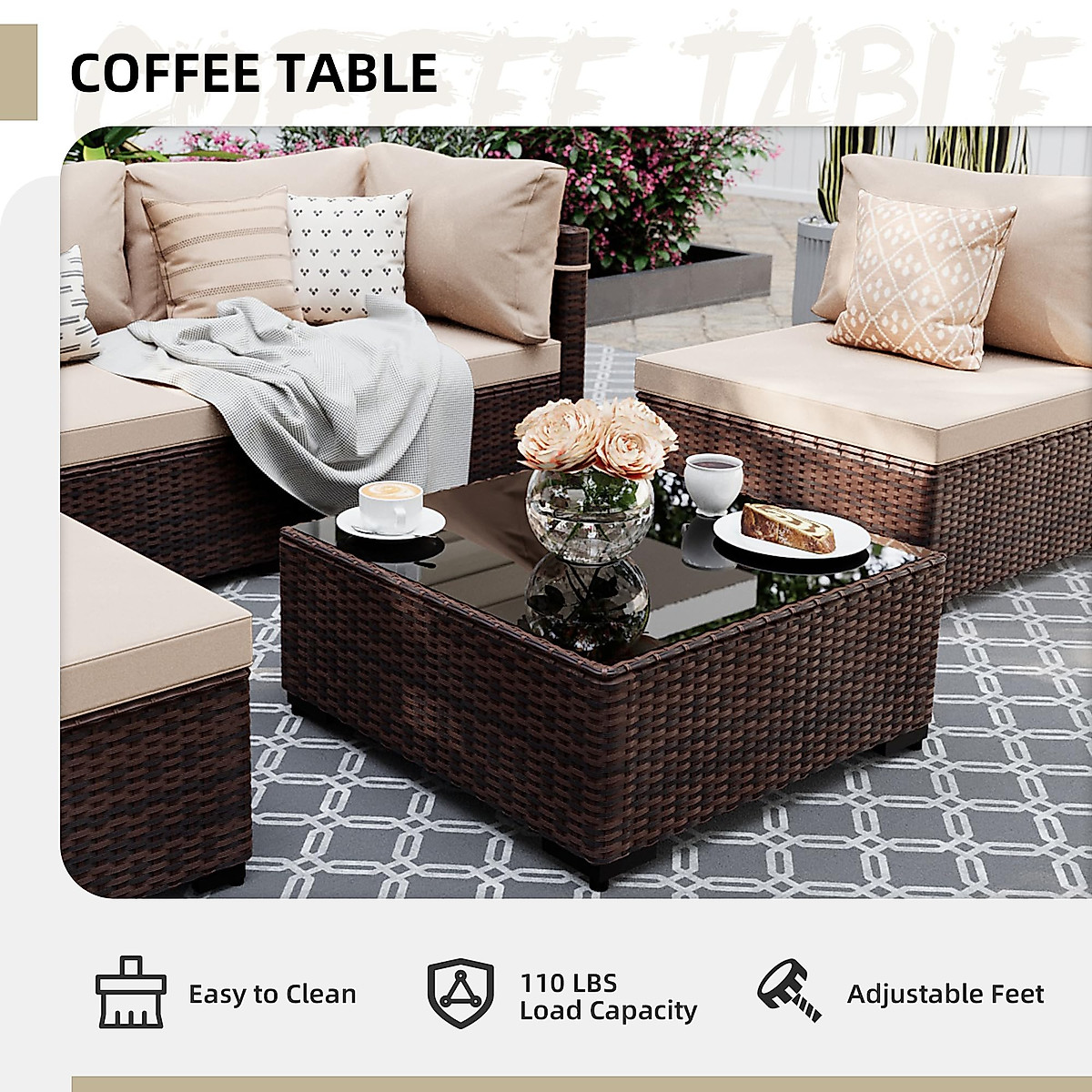 UPHA 5 Pieces Patio Furniture Sets Outdoor Sectional Sofa Wicker Conversation Couch for Decks, Backyards, Gardens, Brown Rattan, Beige Cushion