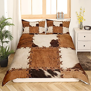 Cowhide Bedding Sets Patchwork Cow Print Comforter Cover (No Filling)Farm Animal Duvet Cover Set For Kids Boys Girls Western Cowboy Farmhouse Bedspreads Cover 2 Pillow Cases Bedroom Decor King Size