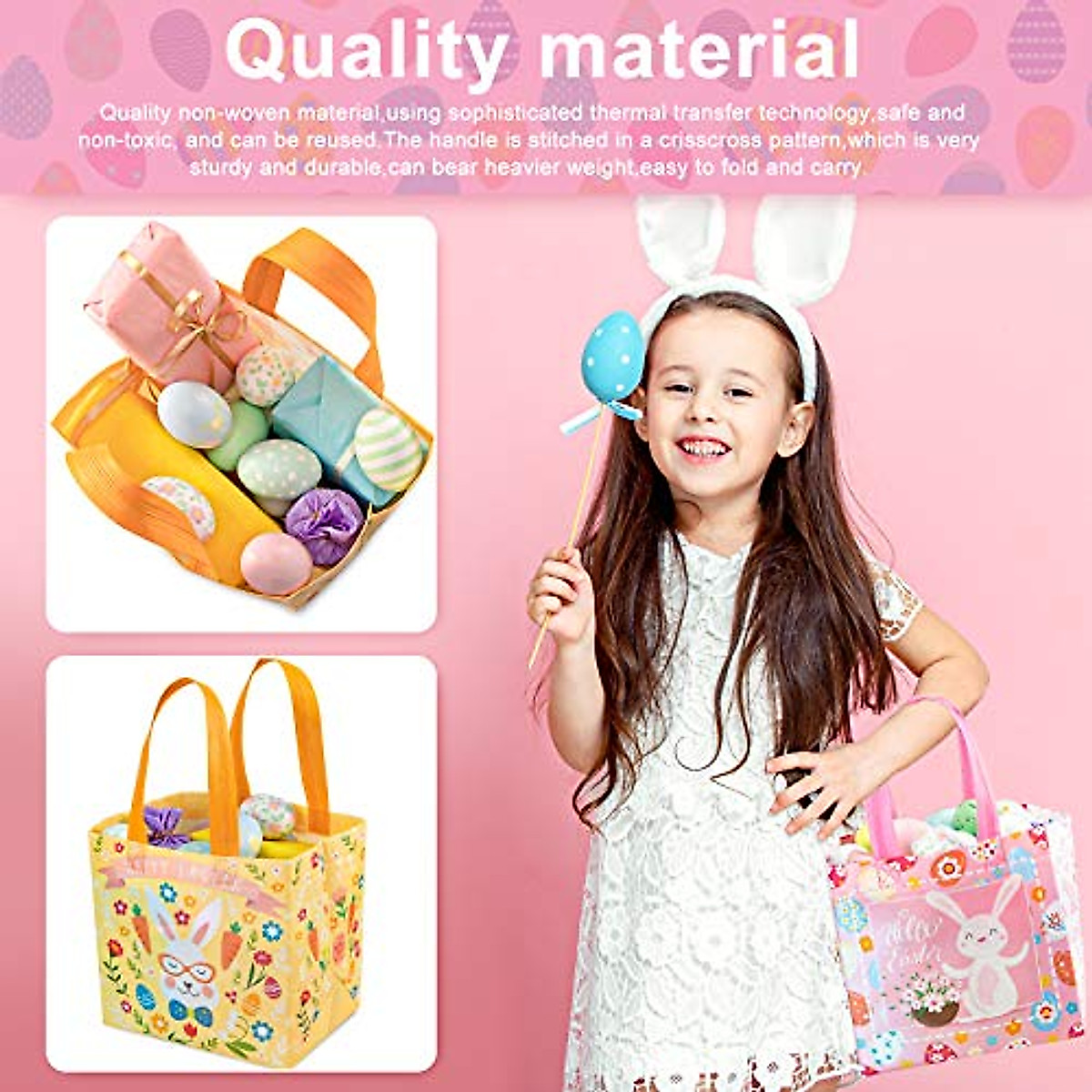 Whaline Easter Non-Woven Gift Bags with Handles Reusable Waterproof Tote Bags Bunny Easter Egg Cute Gnome for Easter Holiday Gifts Wrapping Egg Hunt Game Spring Party Gifts Wrapping, 8 Pack