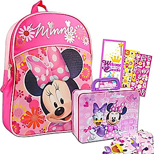 Disney Minnie Mouse Backpack and Lunch Box Bundle Set for Preschool Toddlers ~ Deluxe 11" Minnie Mouse Mini Backpack, Minnie Lunch Tin with 24 Pc Puzzle, Stickers (Minnie Mouse School Supplies)