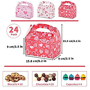 Gatherfun 24 Pieces Valentine's Day Hot Pink Heart Love Treat Box Candy Boxes Goodies Boxes Cardboard Present Boxes with Handles for Birthday Party Anniversary Favors, 6 x 3.5 x 3.5 Inches, 3 Designs