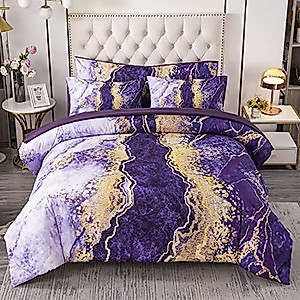 URBONUR Purple Comforter Set Queen Bedding Purple/Gold Watercolor Abstract Burning Marble Bedding Comforters Set with Sheets Set 6 Piece Bed in a Bag Comforter for All Season Easy Care Bed Set
