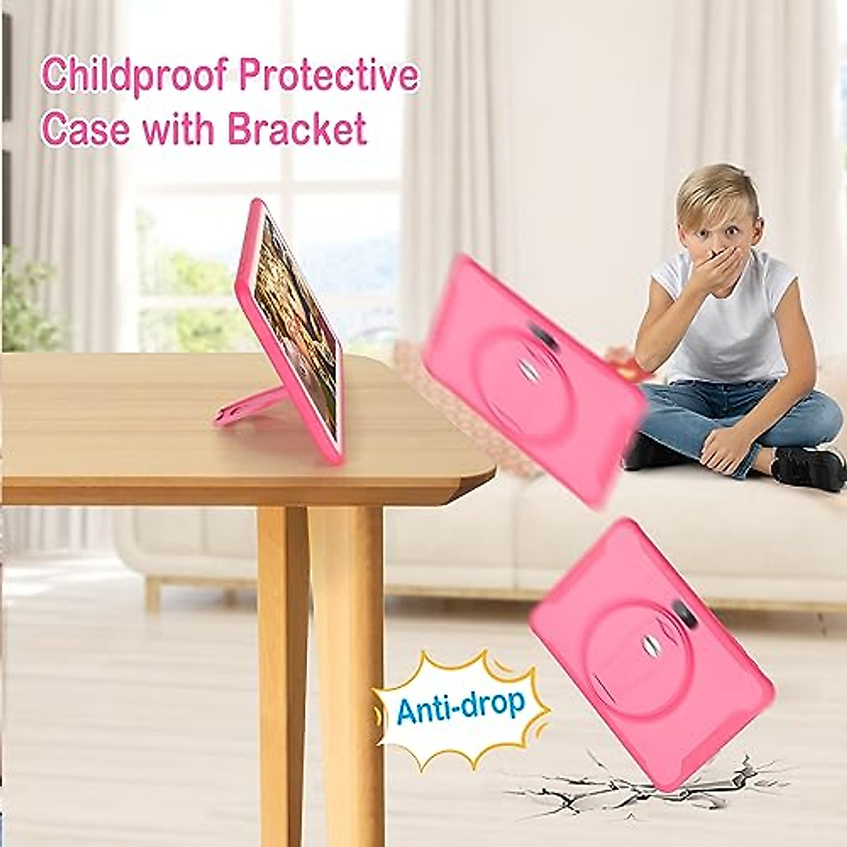 Kids Tablet, Android Tablet for Kids 10.1 Inches, 64GB Kids Tablet with Case, Dual Camera, WiFi, Bluetooth, GMS, Kidproof App Pre-Installed, Parent Control, Education, Google, YouTube (Pink)