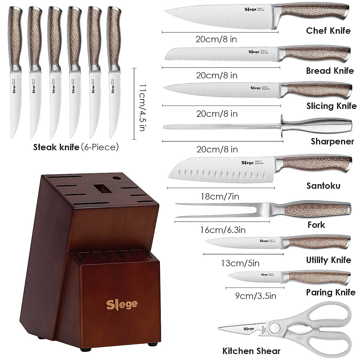 Knife Set with Block,High Carbon Stainless-steel Knives Set for Kitchen,Professional 16 Piece Chef Knife Set with Carving Fork,Manual Sharpener and Non-slip Hollow Handles