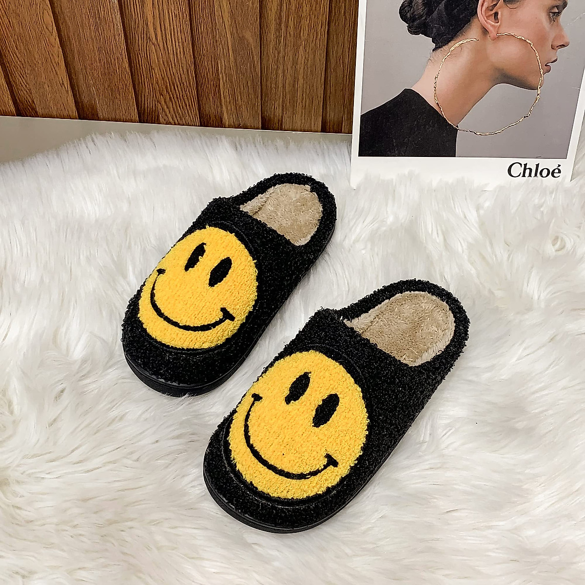 ALEENLA Smile Face Slippers For Women Bride Indoor And Outdoor Cute Pillow Slides Men'S House Fuzzy Keep Warm Non-Slip,hei39-40, Black