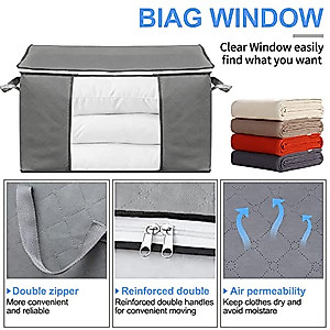 90L Extra Large storage bag ,6 Pack Clothes Storage Bins with lids，durable handle, transparent window, Sturdy Zippers , for closet organizers and storage, Blanket, Comforters, Bed Sheets, Pillows and Toys（gray）