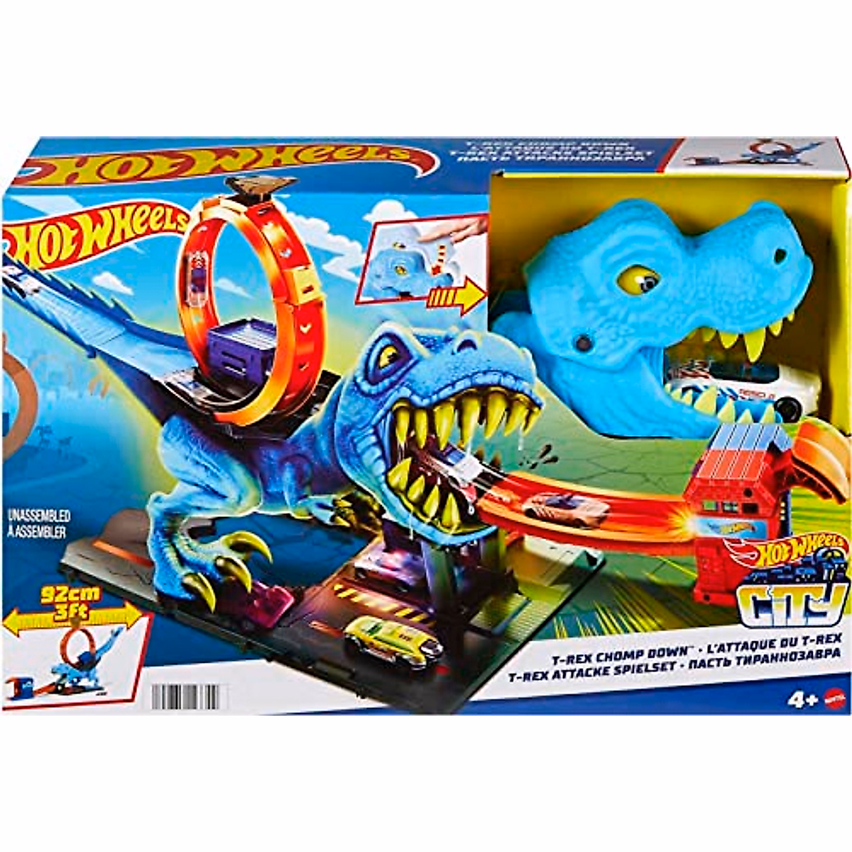 Hot Wheels Toy Car Track Set City T-Rex Chomp Down with 1:64 Scale Car, Knock Out the Giant Dinosaur with Stunts