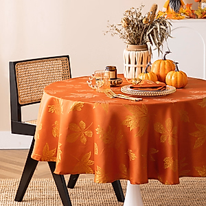 joycloth Fall Tablecloth Autumn Metallic Leaf Weaven Damask Farbric Tablecloths, Spillproof Easy Care Tablecover for Thanksgiving, Harvest, Gathering Party Decoration, Rust, Round 60 Inch