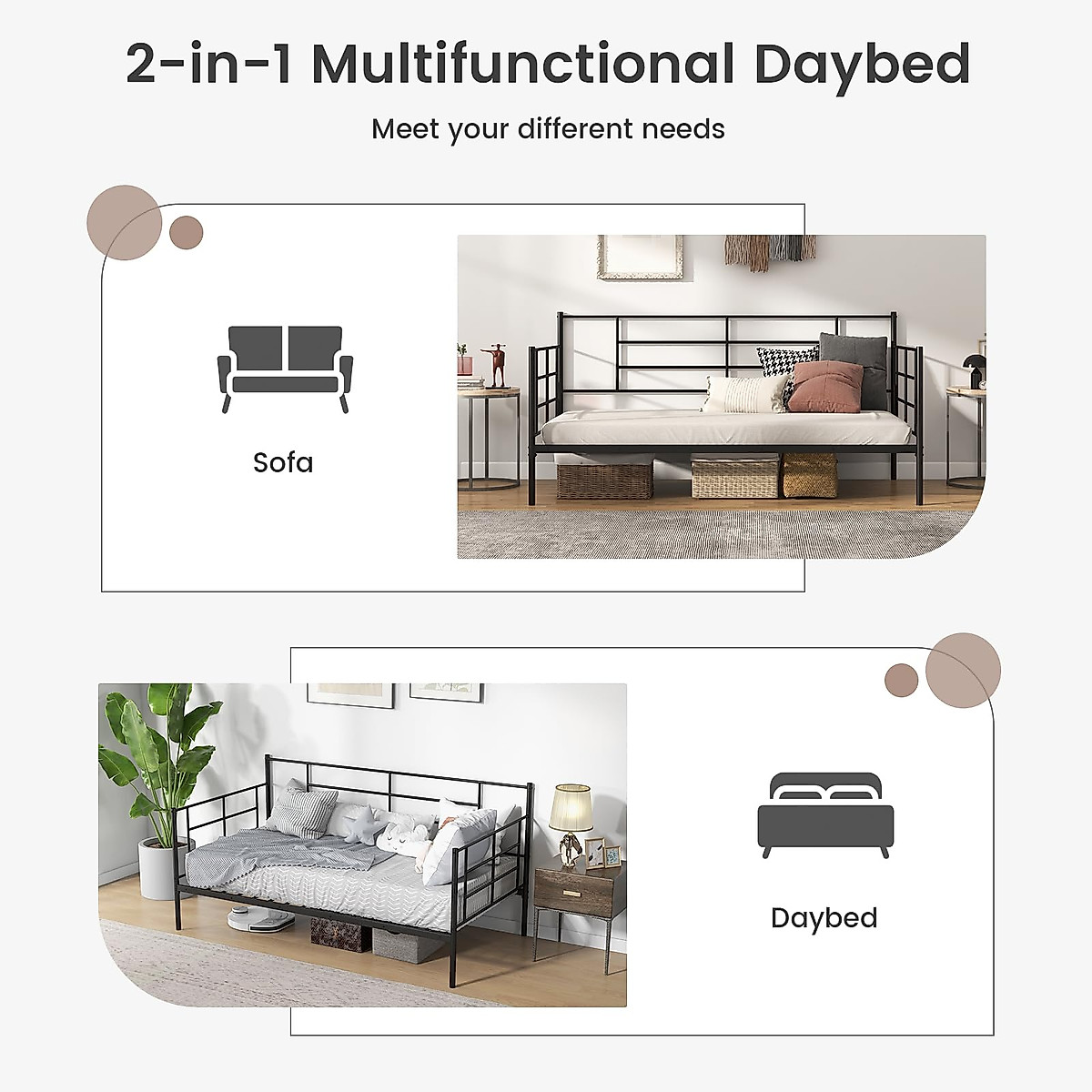 Giantex Metal Twin Daybed Frame, High Back Day Bed with Heavy-Duty 16 Slats & 18 Inch Headboard, Multifunctional Twin Size Bed Frame for Living Room Guest Room, No Box Spring Need, Black