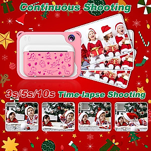 USHINING Instant Print Camera for Kids 12MP Digital Print Camera for Kids Aged 3-12 1080P Instant Camera for Kids with 32GB SD Card,Color Pens,Print Papers (Pink)