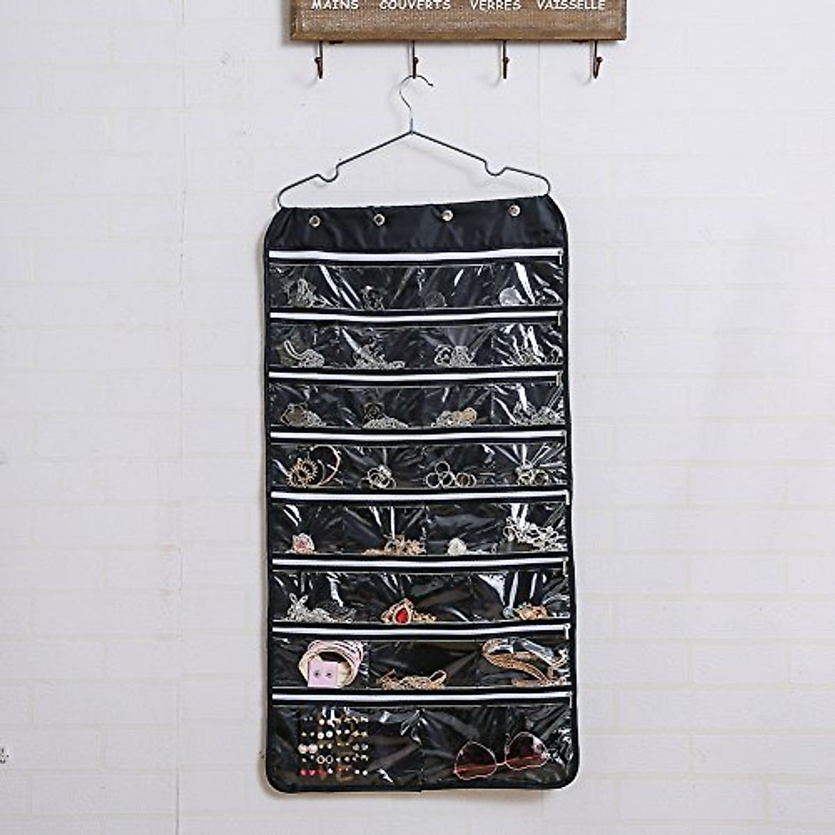 56 Pockets Large Zippered Dual Sided Jewelry Hanging Organizer Necklace Earrings Bracelets Rings Accessories Storage Bag Wall Mounted Door Cabinet Hanger Holder Clear Pouch Display Foldable for Travel