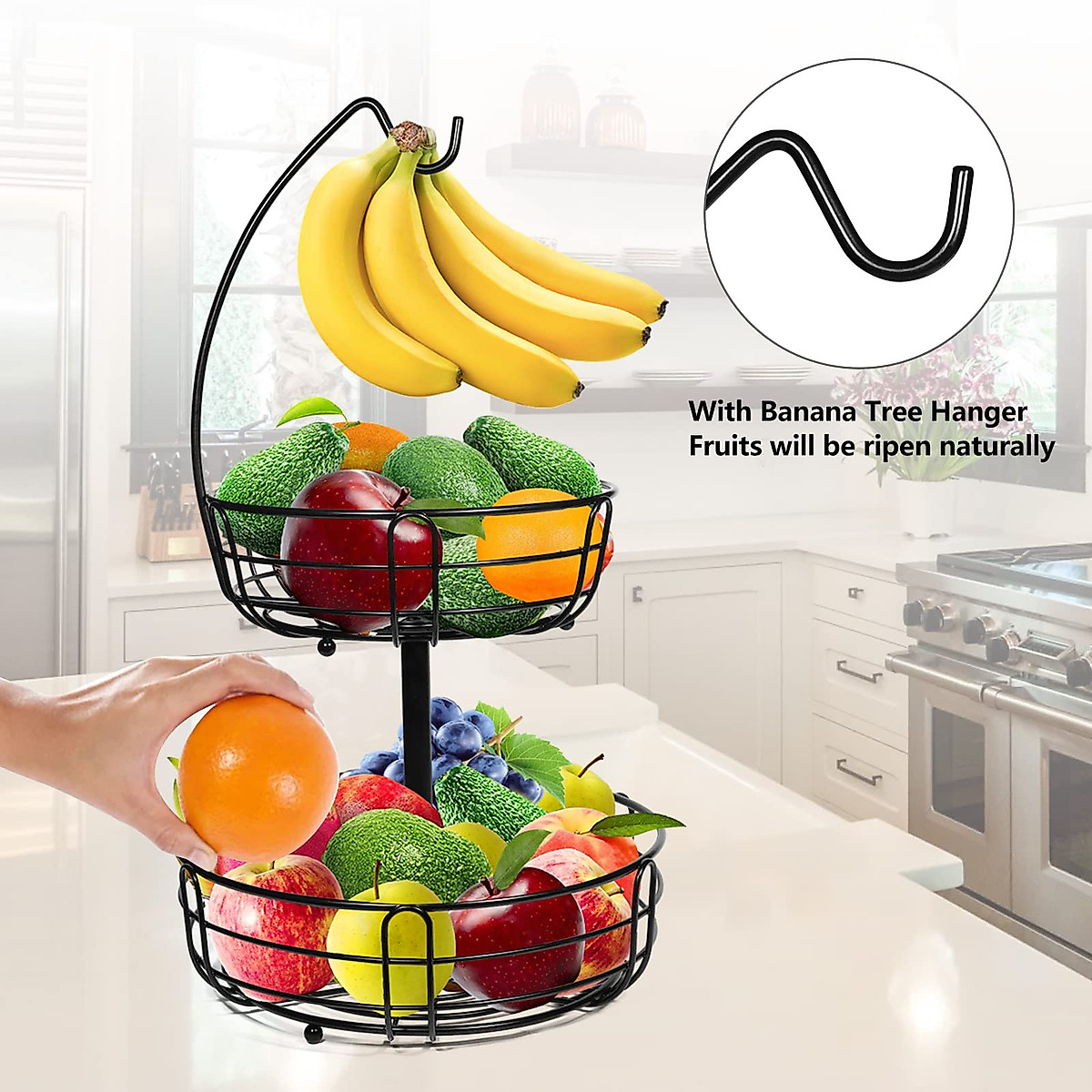 Scnve Fruit Basket - 2 Tier Fruit Bowl with Banana Hanger for Kitchen (Black)