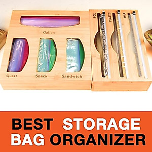 Mr Carib Chef Foil and Plastic Wrap Organizer, bamboo storage bag organizer for kitchen drawer, sandwich snack quart freezer bag organizer, baggie for kitchen plastic bag storage