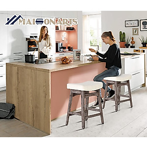 MAISON ARTS Counter Height Bar Stools Set of 2 for Kitchen Counter Solid Wood Legs with Fabric Saddle Seat Farmhouse Barstools for 34"-38" Counter Island Upholstered Stools, 24in, Creamy White