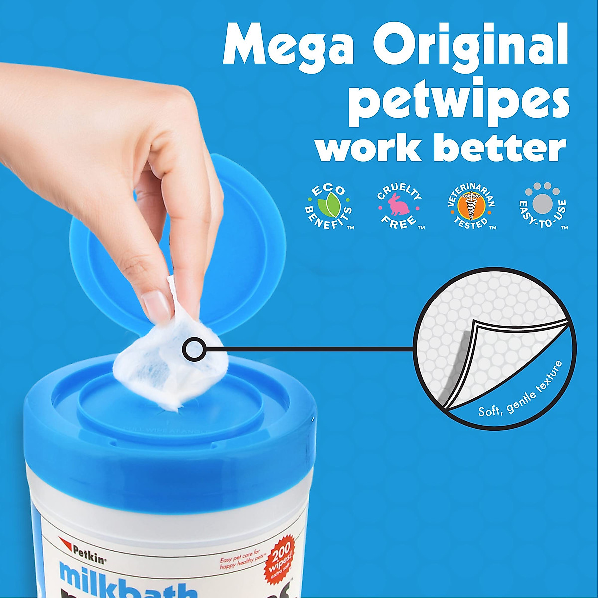 Petkin Mega PetWipes, 200 Wipes - Pet Wipes for Dogs and Cats - For Face, Paws, Ears, Body and Eye Area - Super Convenient Dog Cleaning Wipes, Ideal for Home or Travel - Easy to Use