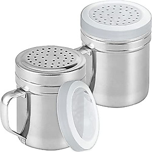 CUSINIUM Metal Salt Pepper Dredge Shakers - With Handle - Seasonings Spice Shakers With Holes and Lids - 10 Ounce, 2pcs