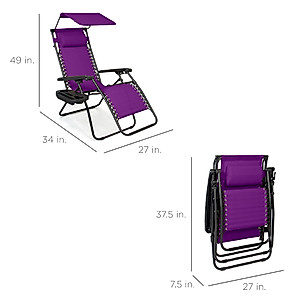 Best Choice Products Folding Zero Gravity Outdoor Recliner Patio Lounge Chair w/Adjustable Canopy Shade, Headrest, Side Accessory Tray, Textilene Mesh - Amethyst Purple