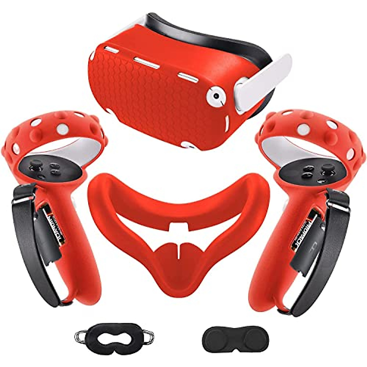 Compatible with Oculus Quest 2 Accessories, Silicone Face Cover, VR Shell Cover, Touch Controller Lengthening Grip Cover with Battery Opening Adjustable with Knuckle Straps Red