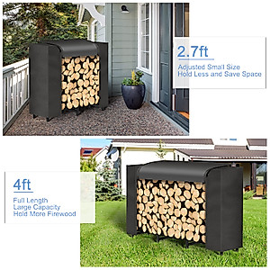 smusei Outdoor Firewood Rack with Cover 5.3Ft Wood Racks Holders for Fireplace Adjustable Metal Wood Log Storage Rack Stand Stackers for Fire Wood with Waterproof Oxford Fabric Cover, Black