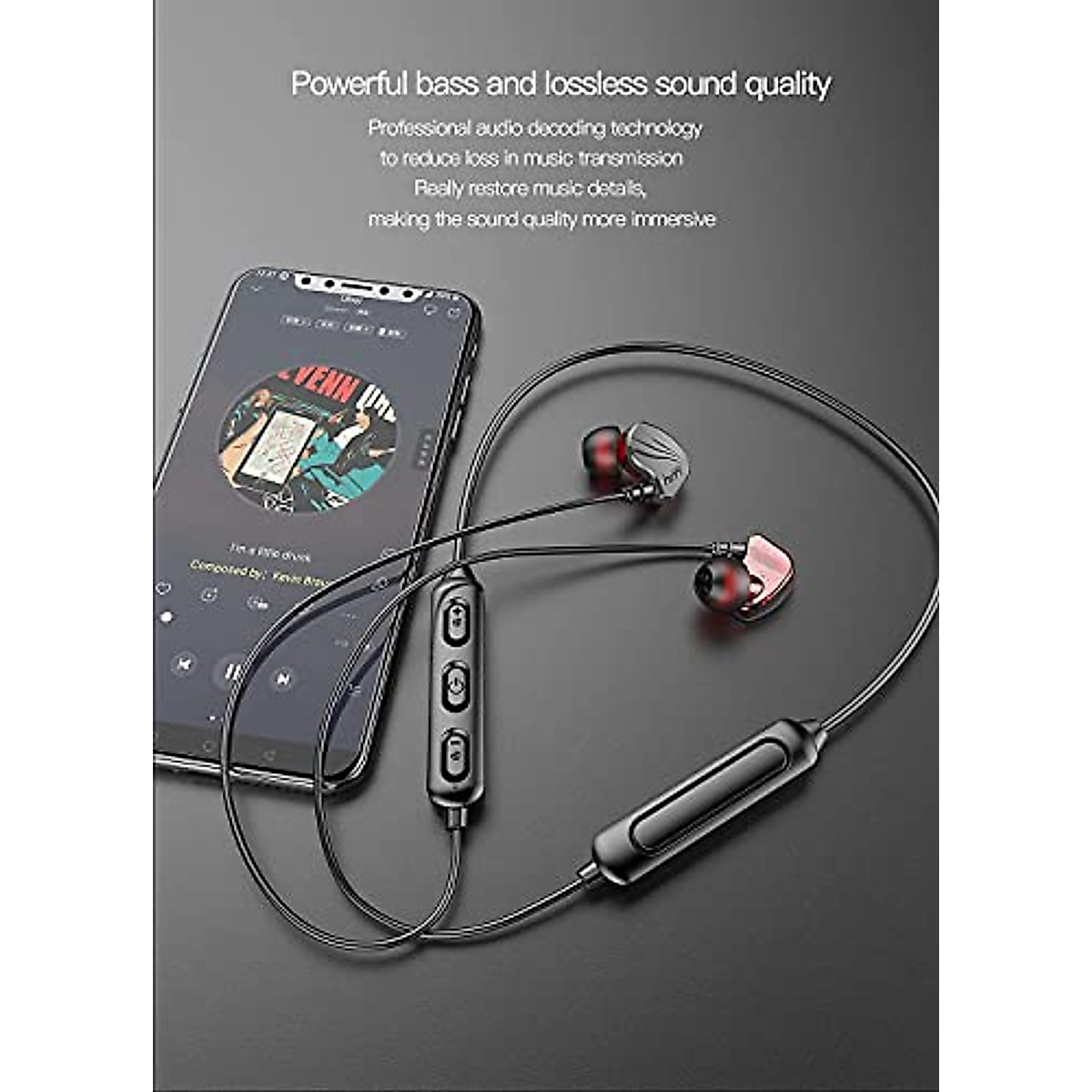 Wireless Stereo Earbuds – Neck Hanging Type Sports，HiFi Bass Stereo Running Headphones，Bluetooth 5.0，Call Function, Voice Control, Power Display,12 Hours Play Time, Built-in Microphone (Black) (BLACK)