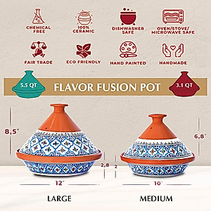 Kamsah Tagine Pot for Flavor Enrichment - Clay Pot for Cooking (12”, 5.5 QT) - Moroccan Ceramic Pots for Cooking w/Lid & Serving Bowl -Large Handmade Cookware, Bohemian Turquoise, Non-Stick, Lead-Free