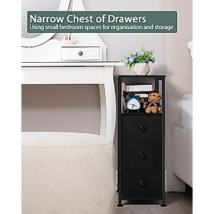 MOOACE Narrow Dresser for Bathroom, Slim Dresser Storage Cabinet, Chest of 3 Fabric Drawers with Wood Shelf, Bedroom Organizer Tower for Small Space, Closet, Laundry, Black
