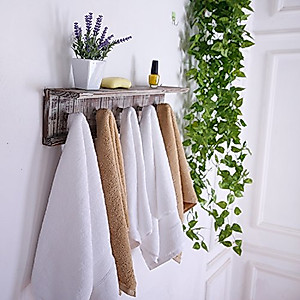MyGift Wall Mounted Rustic Solid Torched Wood Towel Hanger Hooks and Floating Display Shelf Rack with 5 Hooks
