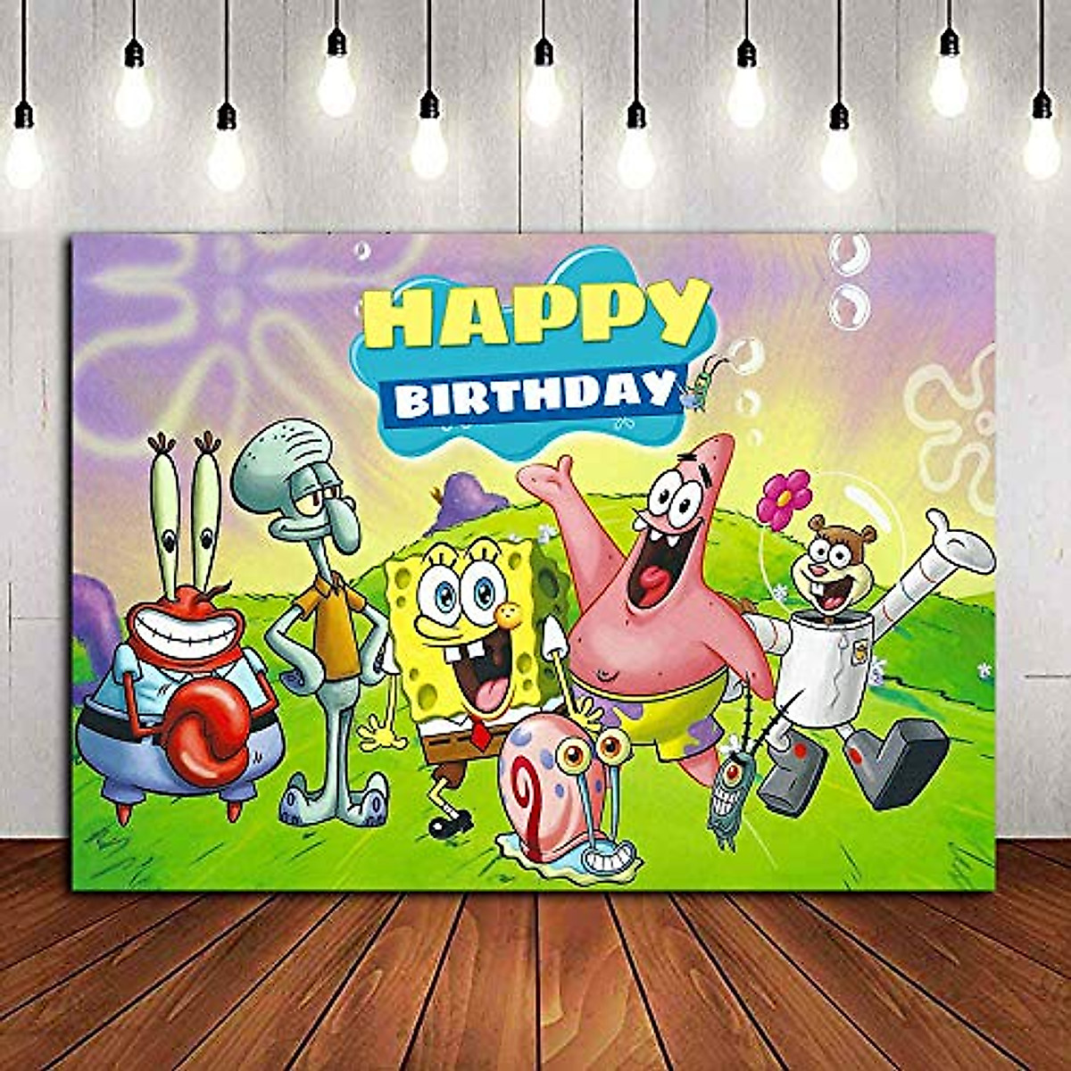Cartoon Animal Photography Backdrop Children Baby Kids Happy 1st Birthday Supplies Patrick Star Spongebob Party Decorations Photo Background Banner Vinyl 7x5ft Photo Booth Studio Props Cake Table