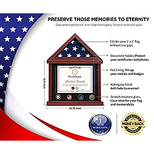 flybold Small Flag Case for American Veteran Burial Flag - Solid Wood Military Shadow Box with Wall Mount fits a 3 x 5 ft Folded Flag Display Case Set with Certificate Holder - Mahogany Frame