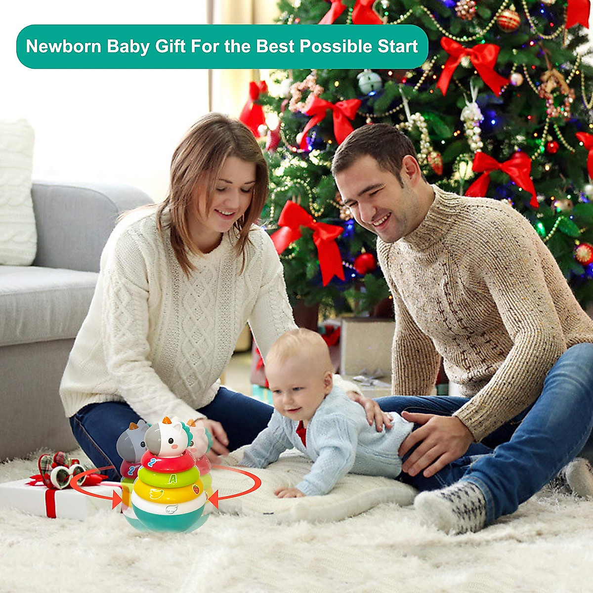 Yiosion Stacking Rings Baby Toy with Unicorn Topper, Weeble Wobble Stacking Toys for 3,6,9,12 Months Boy Girl Gifts, Baby Montessori Sensory Toys 6 to 12 Months Developmental