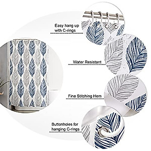 4 Pcs Shower Curtain Set with 12 Hooks Grey and Navy Blue Olive Leaf Texture Watercolor Hand Drawn Bathroom Sets with Non-Slip Bath Mat Toilet Lid Cover Waterproof Durable Shower Curtain and Rugs