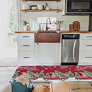 Libaoge Kitchen Mat Rug 1 PCS Christmas Truck Xmas Tree Snow Red Background Runner Rug Anti-Fatigue Comfort Memory Foam Standing Mat Non-Slip Floor Door Mat for Bathroom Bedroom 20x63in