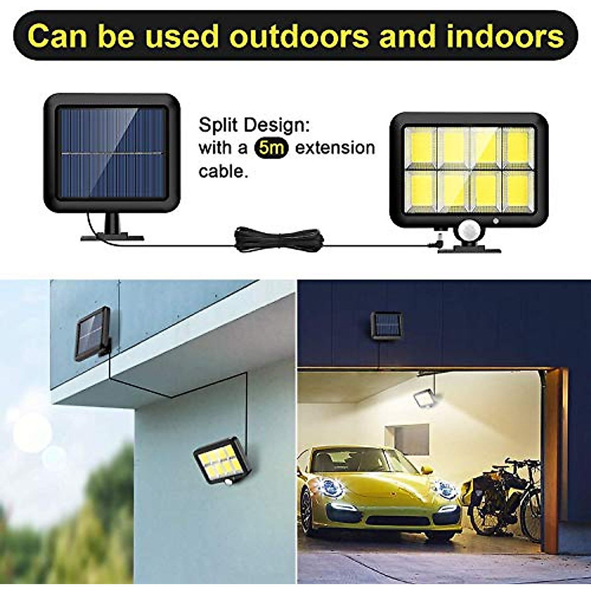 Solar Lights Outdoor Motion Sensor Security Led Flood Light 160 Bright COB LED, with 16.4Ft Cable, Adjustable Solar Panel 3 Lighting Modes Outside Solar Powered Flood Light for Yard Garden Garage