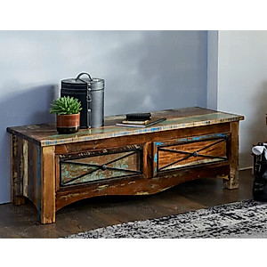 Vintage Industrial TV Stand with 2 Drawers Woodn Entertainment Centers Reclaimed Furniture Rustic Solid Wood Cabinet Retro Style TV Unit