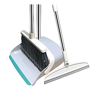 Michao Upgrade Broom and Dustpan Set, Silicone Broom,Long Handle Broom with Upright Standing Dustpan, Squeegee - Broom for Indoor Cleaning 2+1,for Indoor Outdoor,Smooth Floors, Rugs (Grey-White)