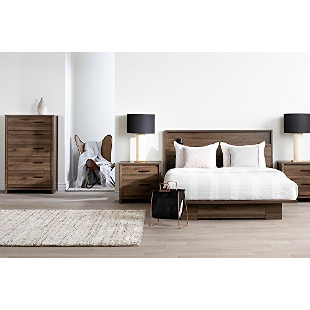 South Shore Tao Platform Bed with Drawer, Full/Queen, Natural Walnut