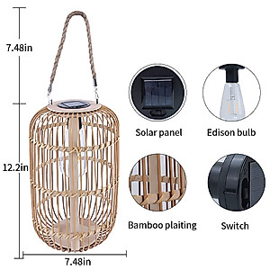 Outdoor Solar Lantern Hanging Light, Natural Rattan Solar Lantern with Handle Waterproof Decoration Table Lamp, Suitable for Patio Garden Decoration Solar Big Light, Edison Bulb, Auto On/Off