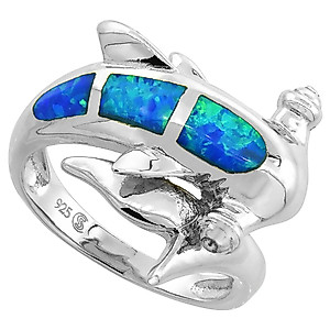 Sterling Silver Blue Synthetic Opal Hammerhead Shark Ring for Women 3/4 inch size 7